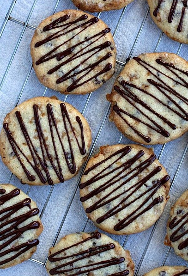 Chocolate Drizzled Toffee Chocolate Chip Cookies - RecipeGirl